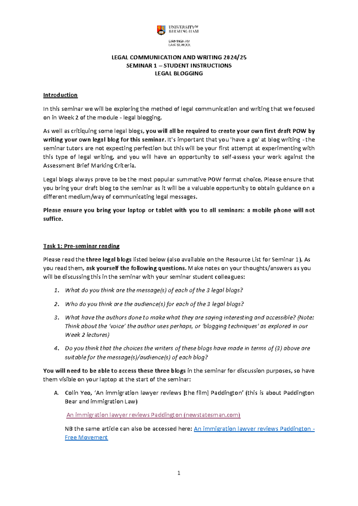 LCW 2024-25 Seminar 1 Student Instructions - 1 LEGAL COMMUNICATION AND ...