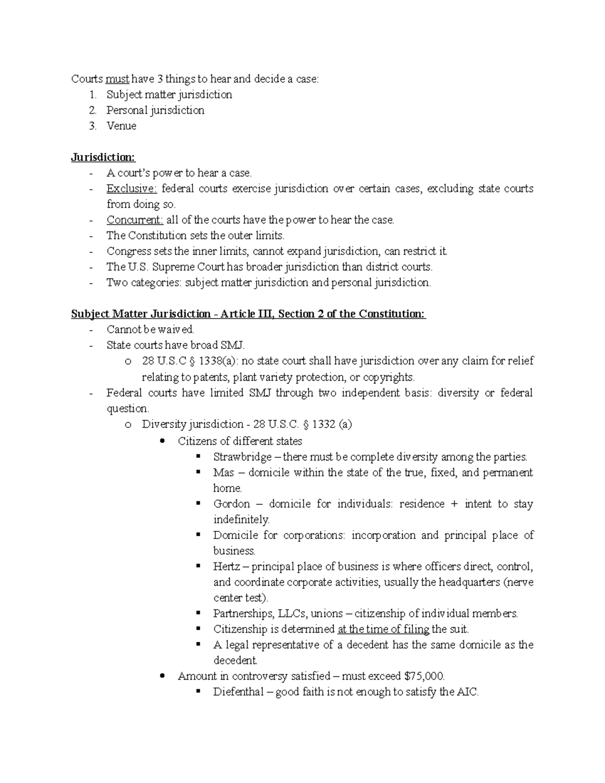 Civil Procedure Outline - Courts must have 3 things to hear and decide ...