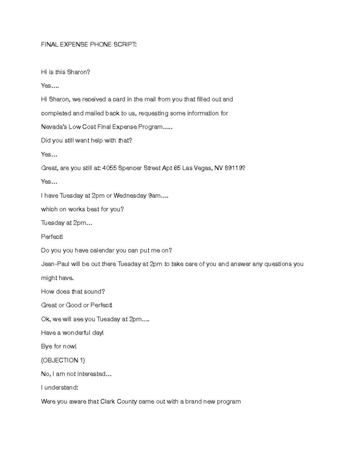 Final EXP Script Final 3-15-22 - FINAL EXPENSE PHONE SCRIPT: Hi is this ...