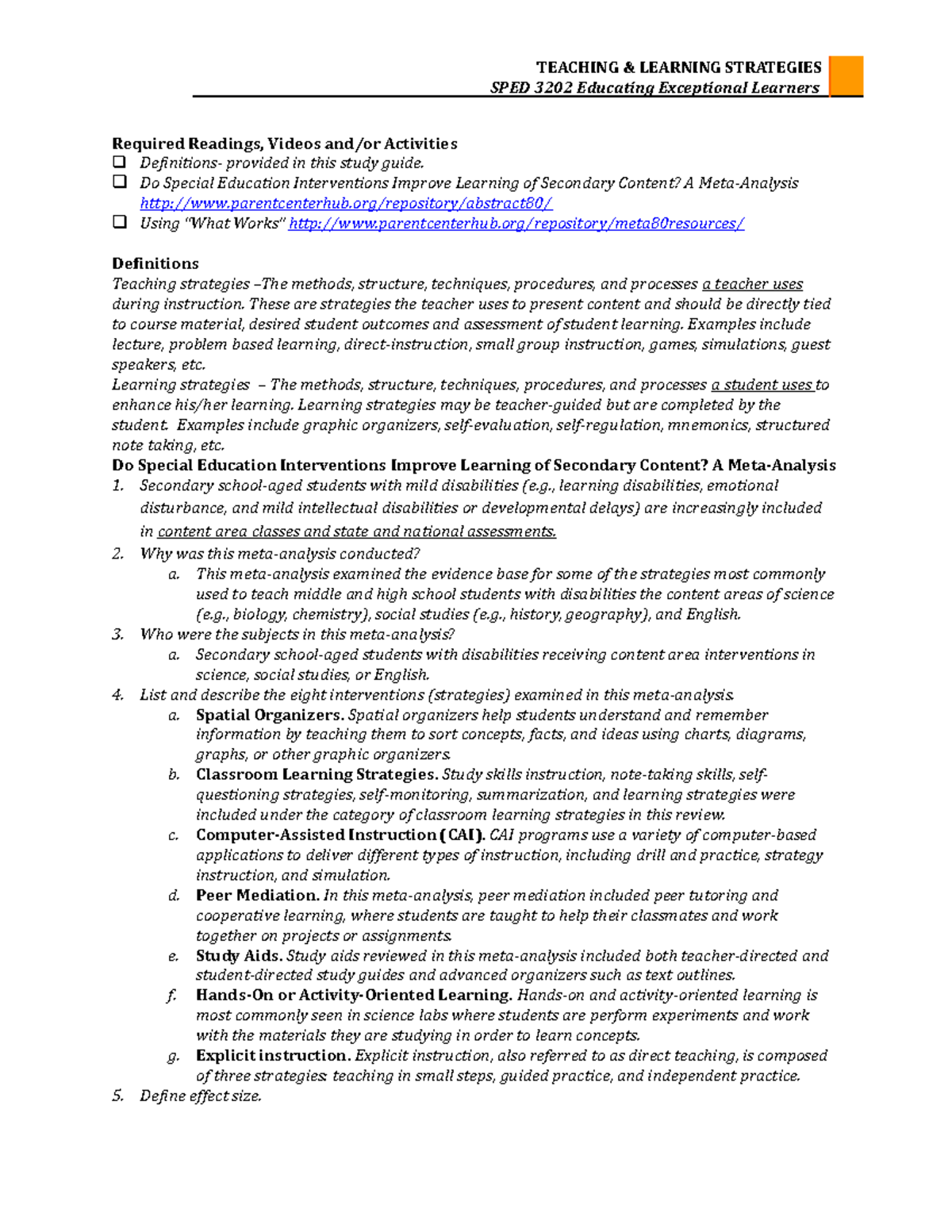 Study Guide #5-4 - TEACHING LEARNING STRATEGIES SPED 3202 Educating ...