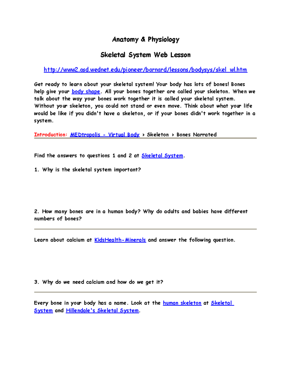 Intro A P Chpt 3 Skeletal System web activity - Anatomy & Physiology ...