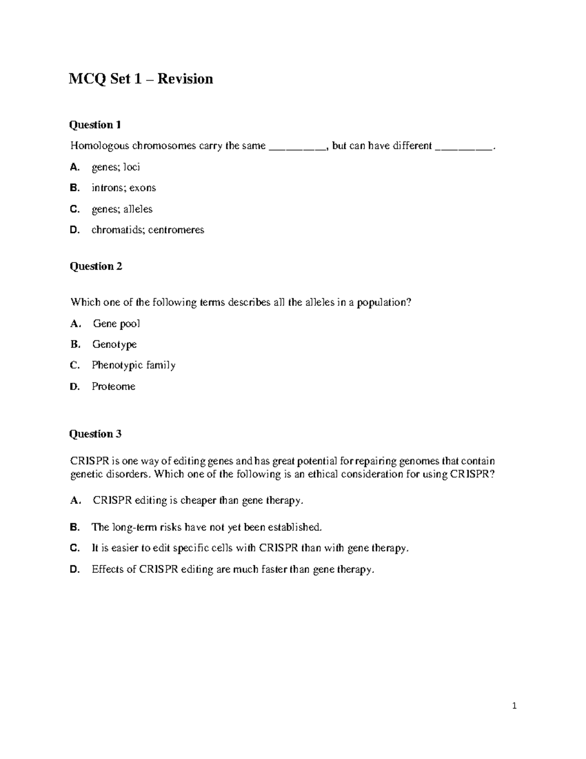 MCQ Set 1 - MCQ Set 1 – Revision Question 1 Homologous chromosomes ...