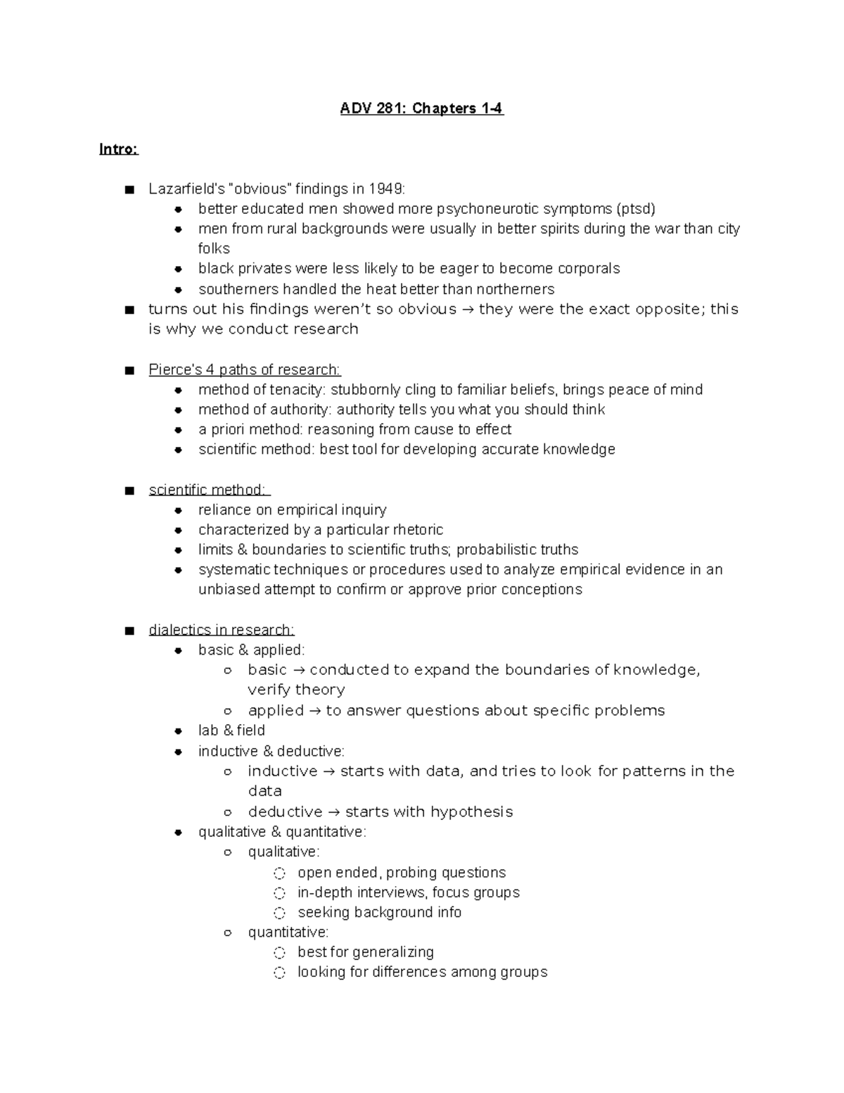 ADV 281 1-4 - Lecture notes for chapters 1-4 of ADV 281 with Professor ...