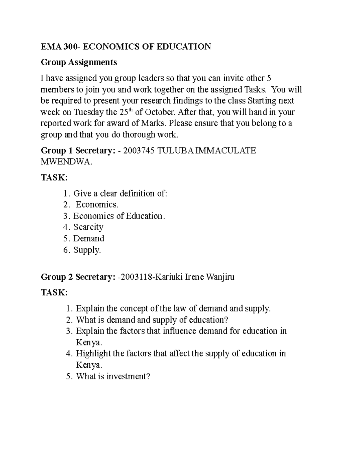 Group Assignment - ECONOMICS - EMA ECONOMICS OF EDUCATION Group ...