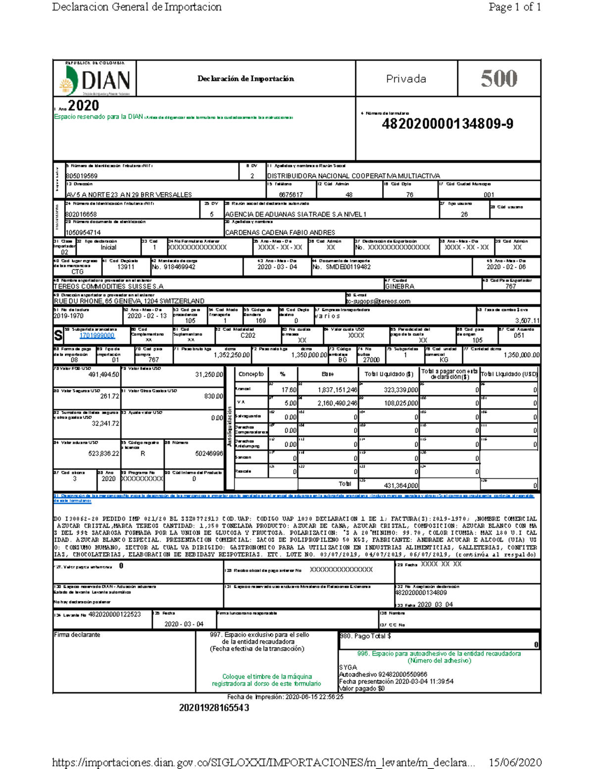 48202000 0134809 - declarcion de importacion - REPÚBLICA DE COLOMBIA ...