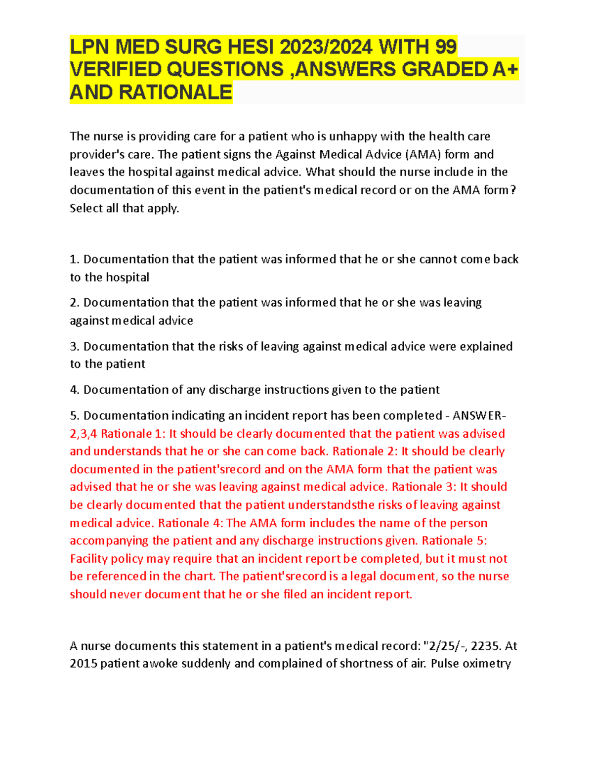 LPN - Summary Nursing - VERIFIED QUESTIONS ,ANSWERS GRADED A+ AND ...
