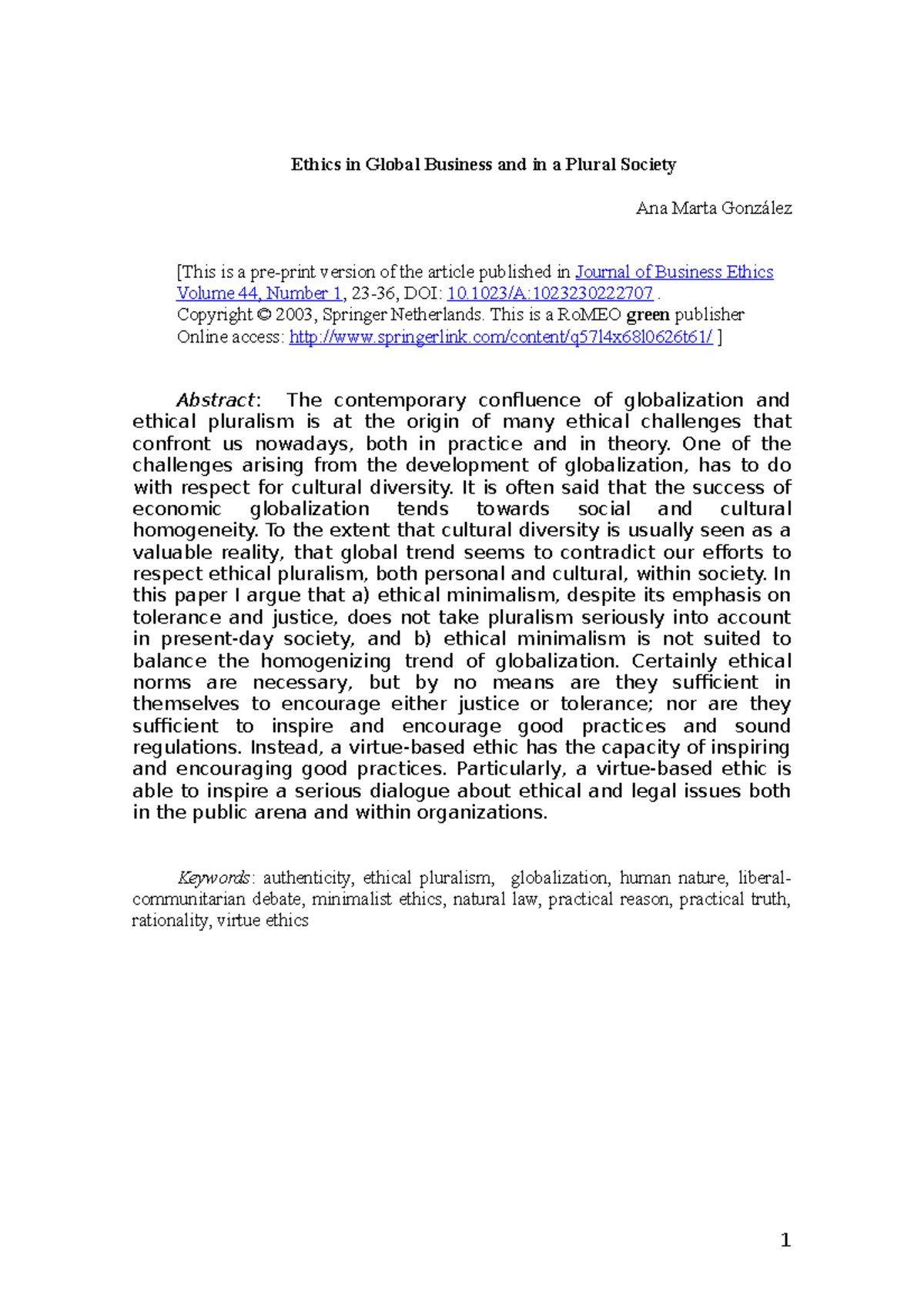 Ethics in global business and in a plural society - Ethics in Global ...