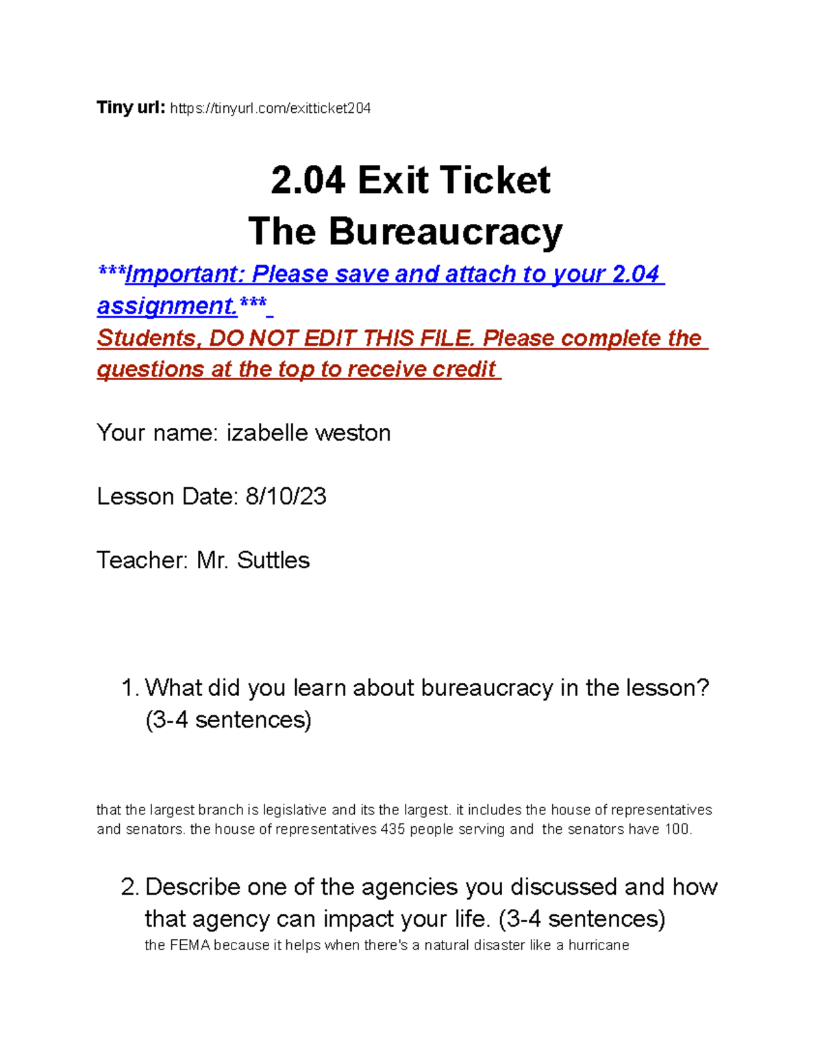 2.04 Exit ticket v23 - yea - Tiny url: tinyurl/exitticket 2 Exit Ticket ...