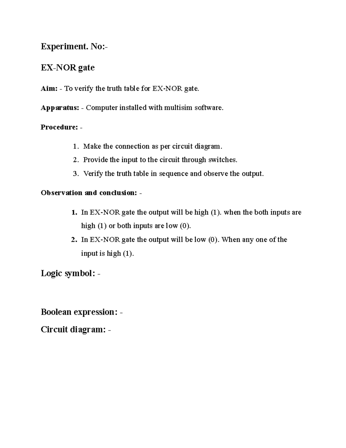 Experiment No EX NOR gate - Experiment. No:- EX-NOR gate Aim: - To ...