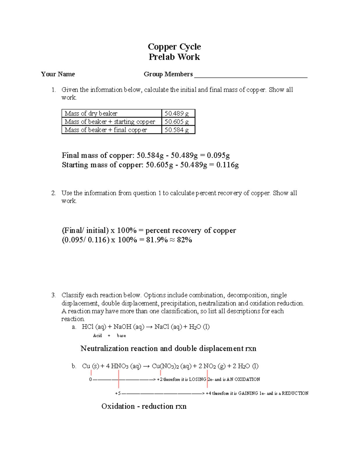 Copper Cycle Prelab Work Sp2022 - CHEM 131L - Towson - Studocu