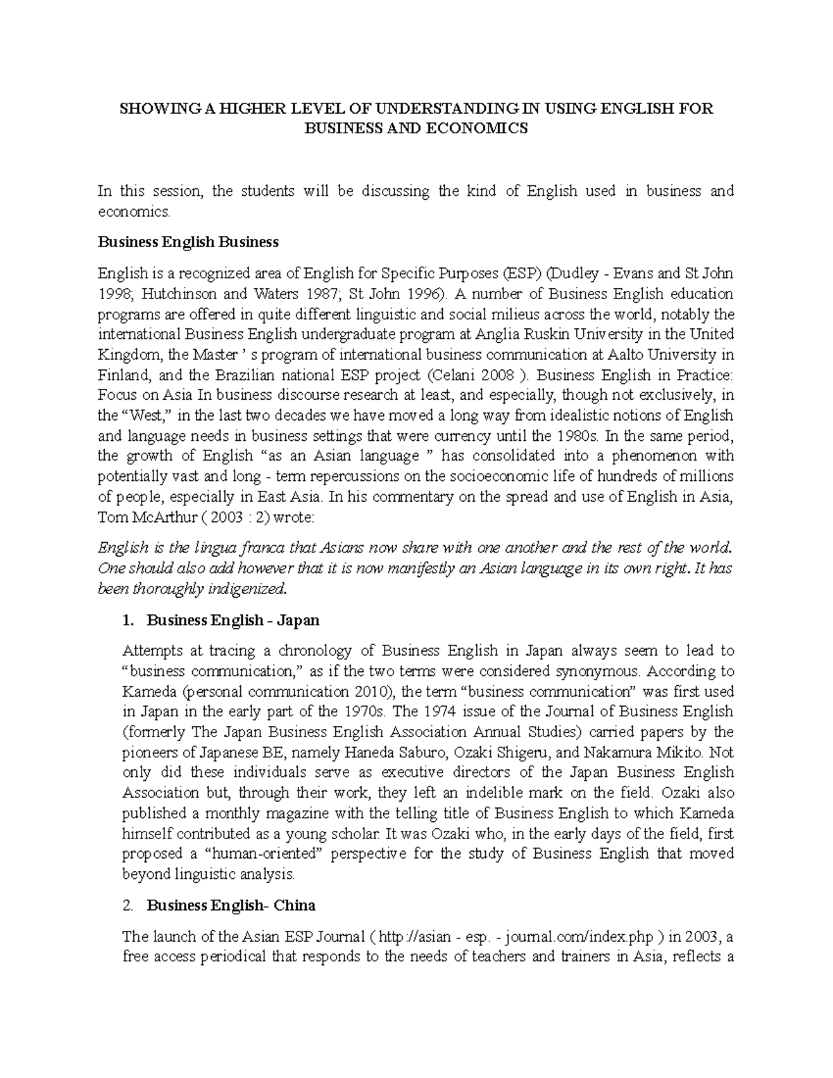 Showing a Higher Level of Understanding in Using English for Business ...