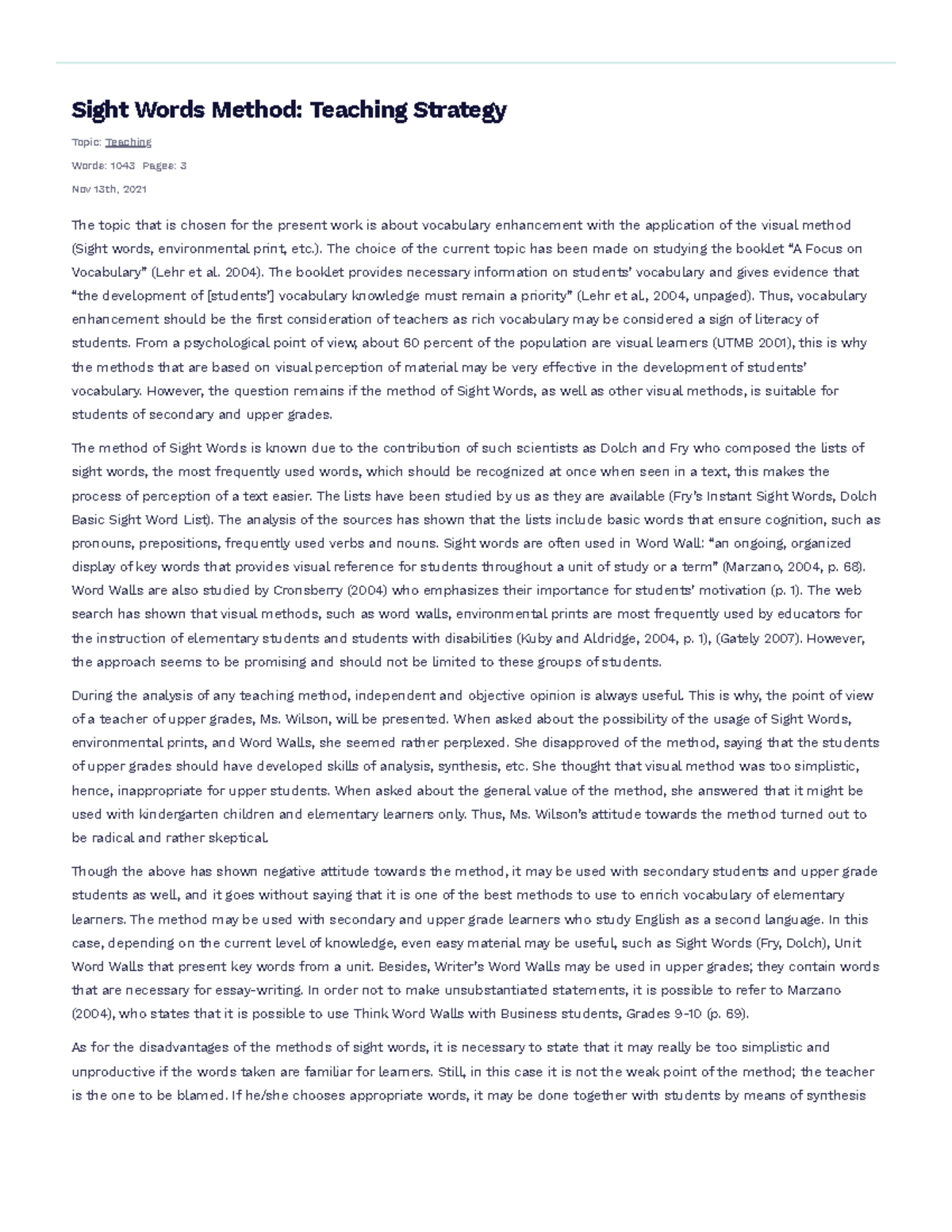 Sight Words Method- Teaching Strategy Free Essay Example - Sight Words Method: Teaching Strategy ...