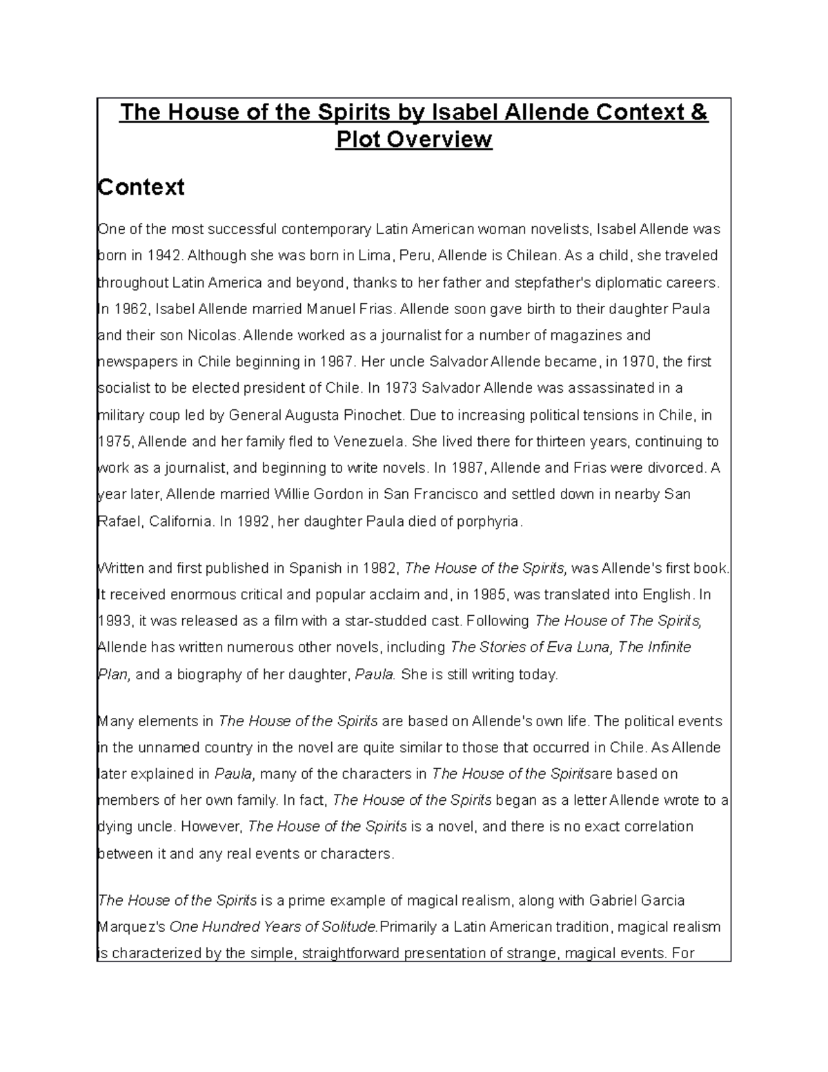 The House of the Spirits by Isabel Allende Context Plot Overview ...