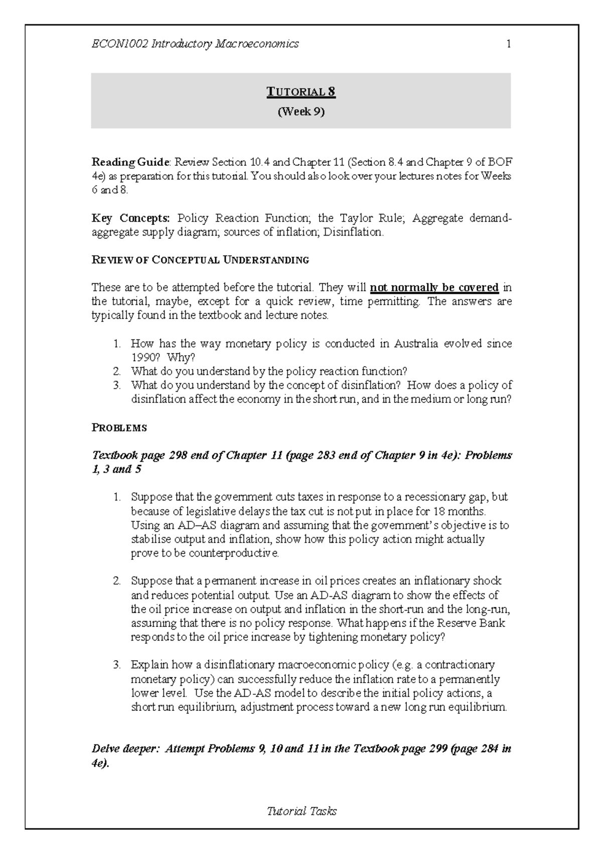 Tutorial 08 Questions - ECON1002 Introductory Macroeconomics Tutorial Tasks 1 Reading Guide ...