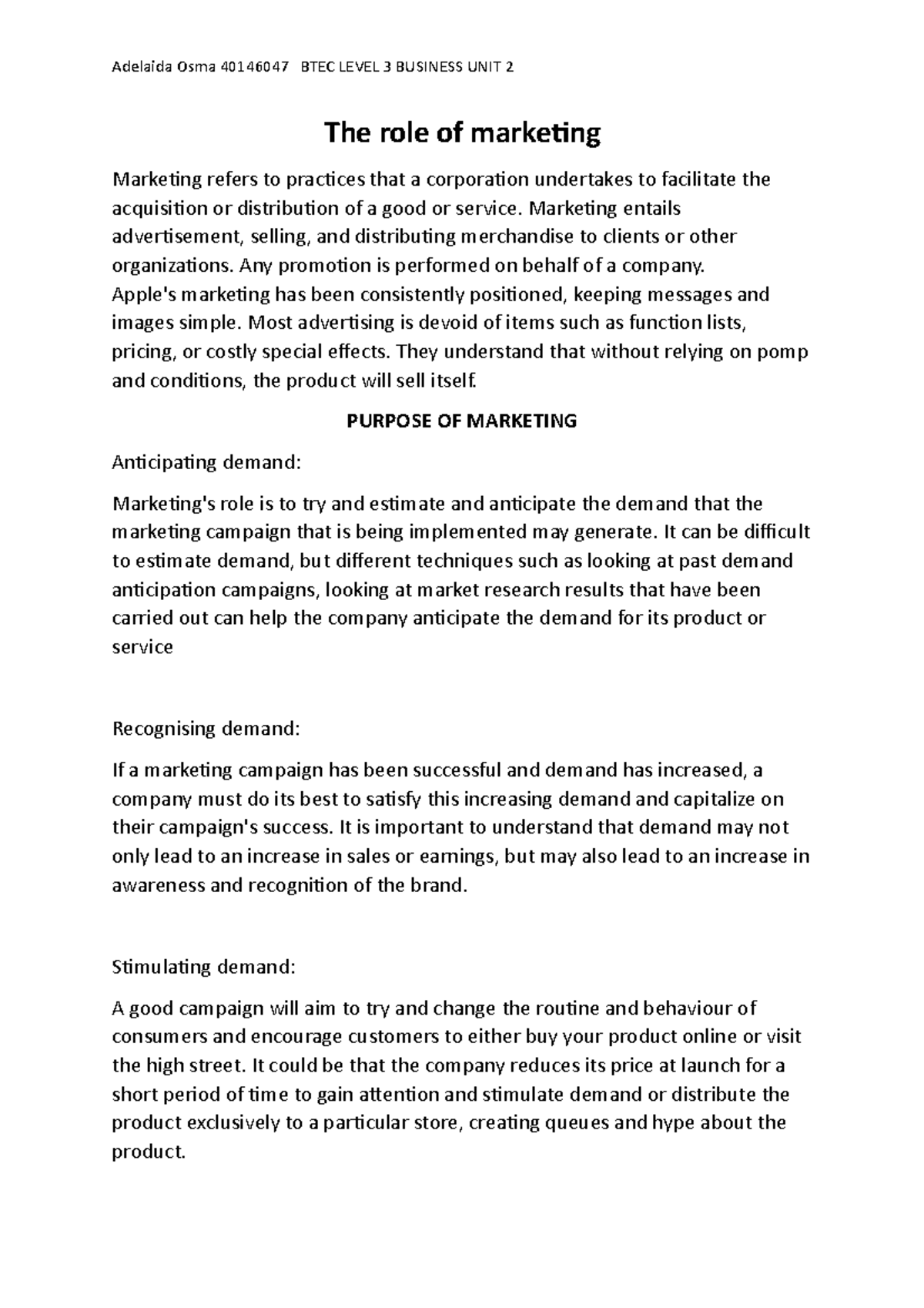 The role of marketing worksheet - Adelaida Osma 40146047 BTEC LEVEL 3 ...