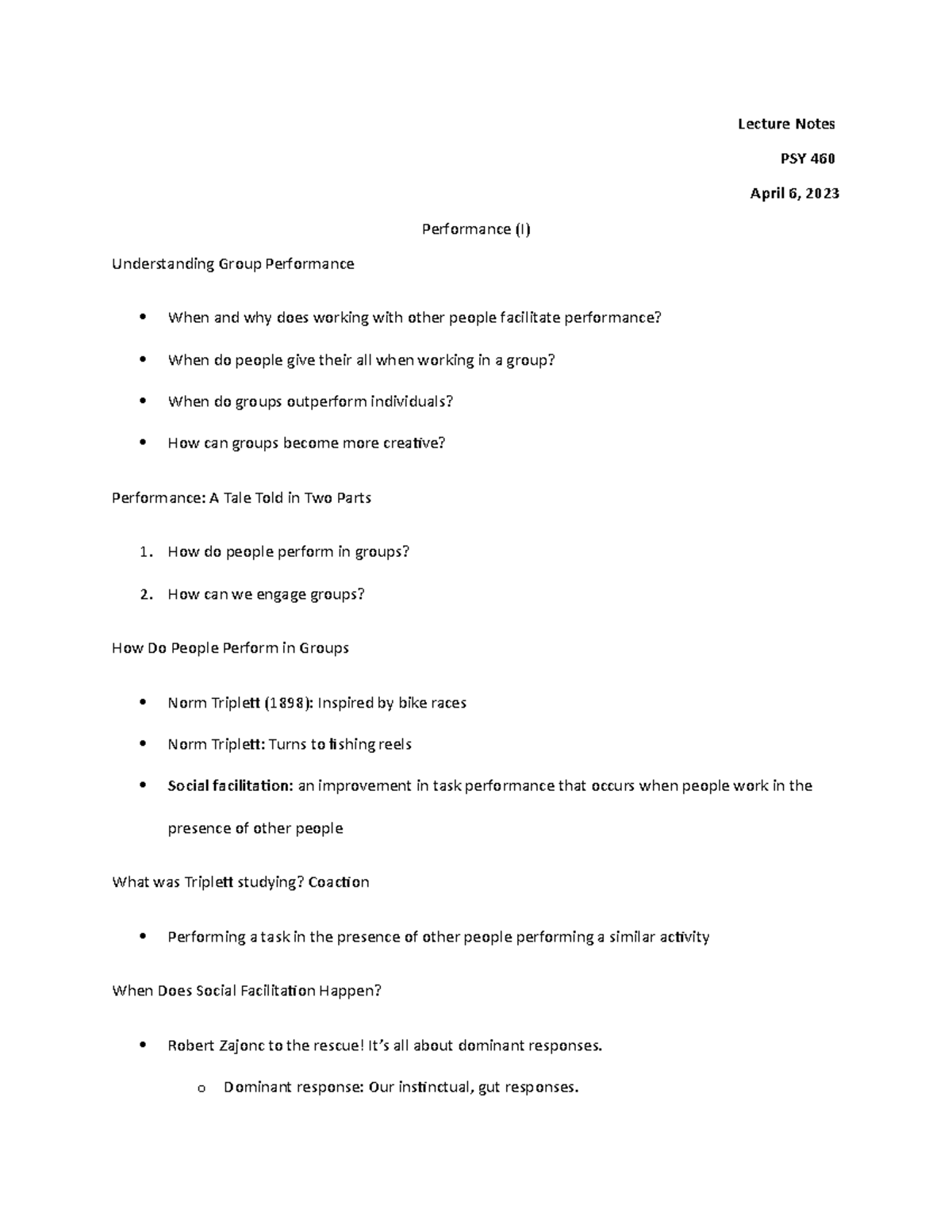 121 Performance I Lecture Notes Are Taken From The Professors Slides Lecture Notes Psy 