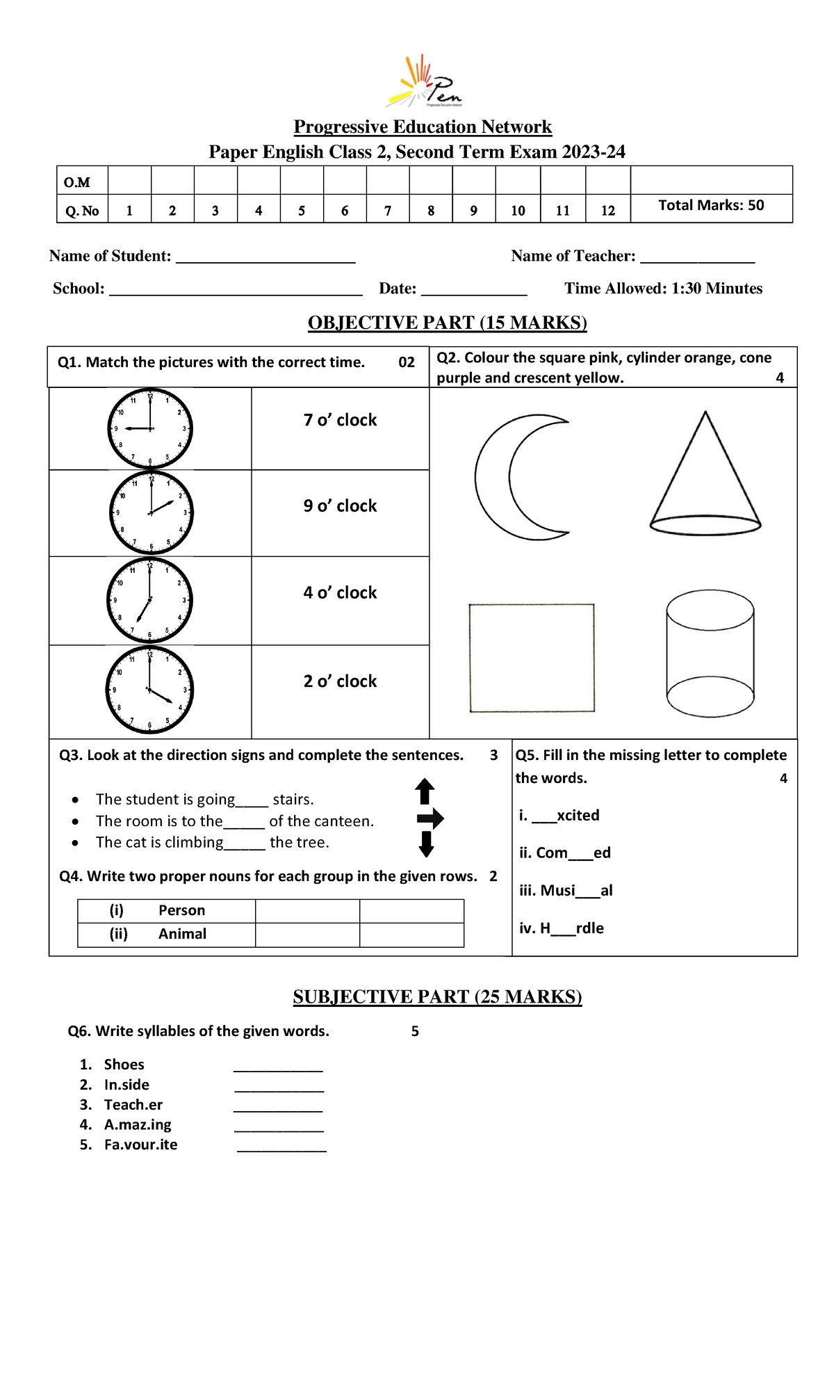 English 2 2nd Term - Test - Progressive Education Network Paper English ...