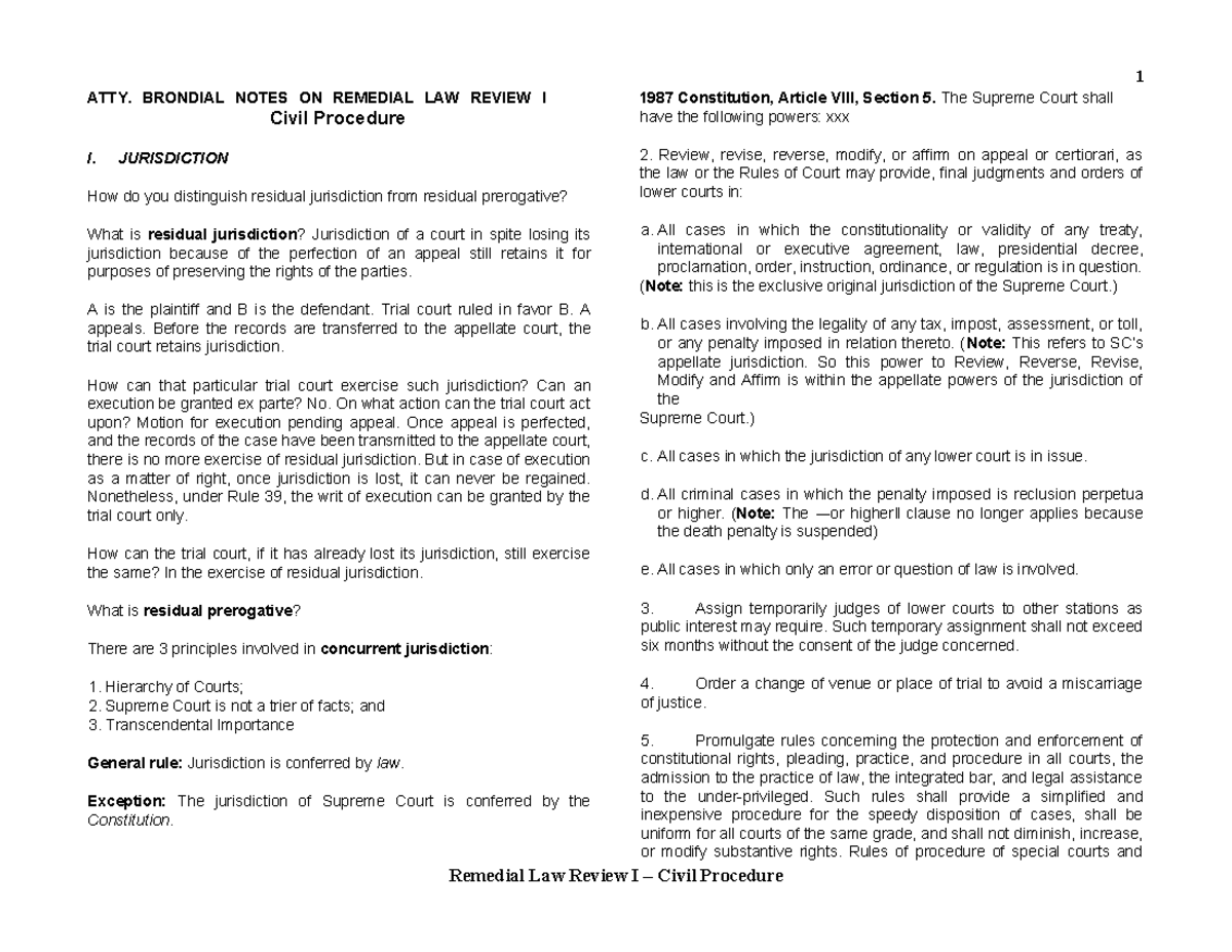 Scribd - rem - ATTY. BRONDIAL NOTES ON REMEDIAL LAW REVIEW I Civil ...