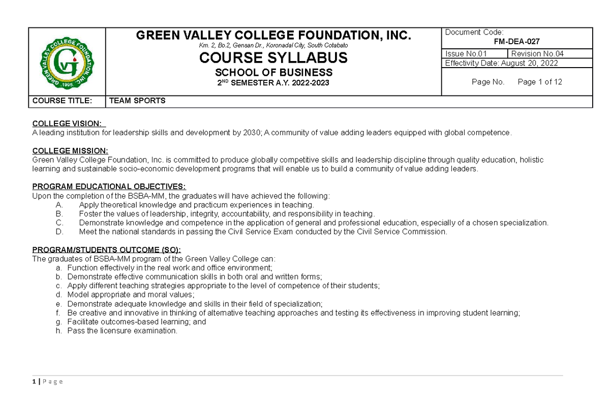 PE 4- Syllabus - N/A - GREEN VALLEY COLLEGE FOUNDATION, INC. Km. 2, Bo ...