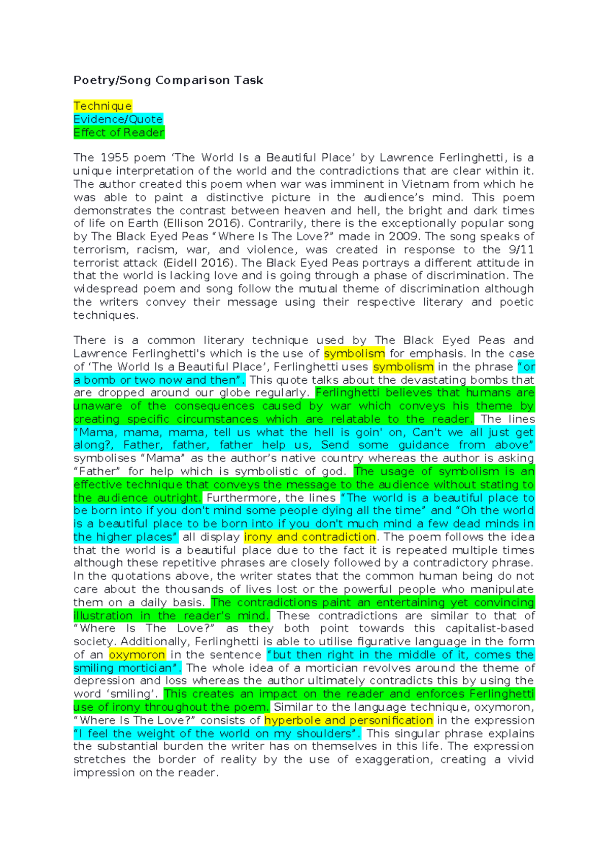 Poetry Comparison Task Draft - Poetry/Song Comparison Task Technique ...