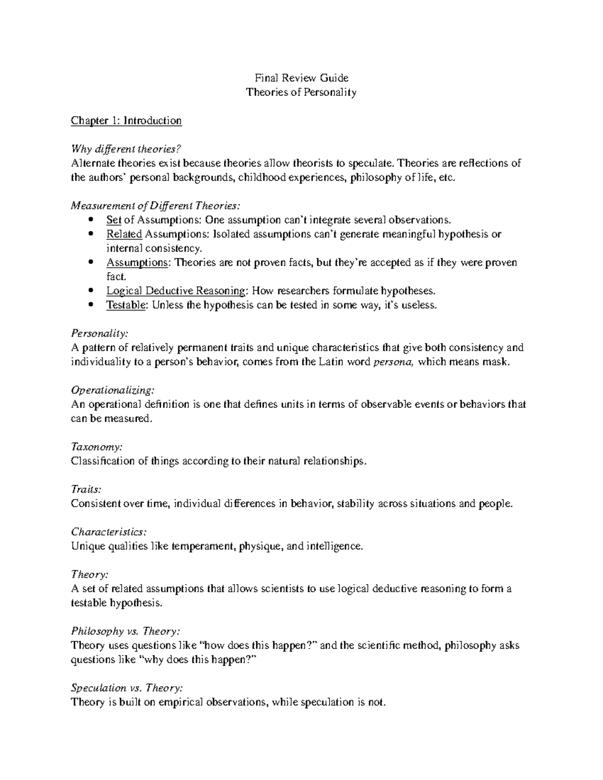 Final Review Guide - Final Review Guide Theories of Personality Chapter ...