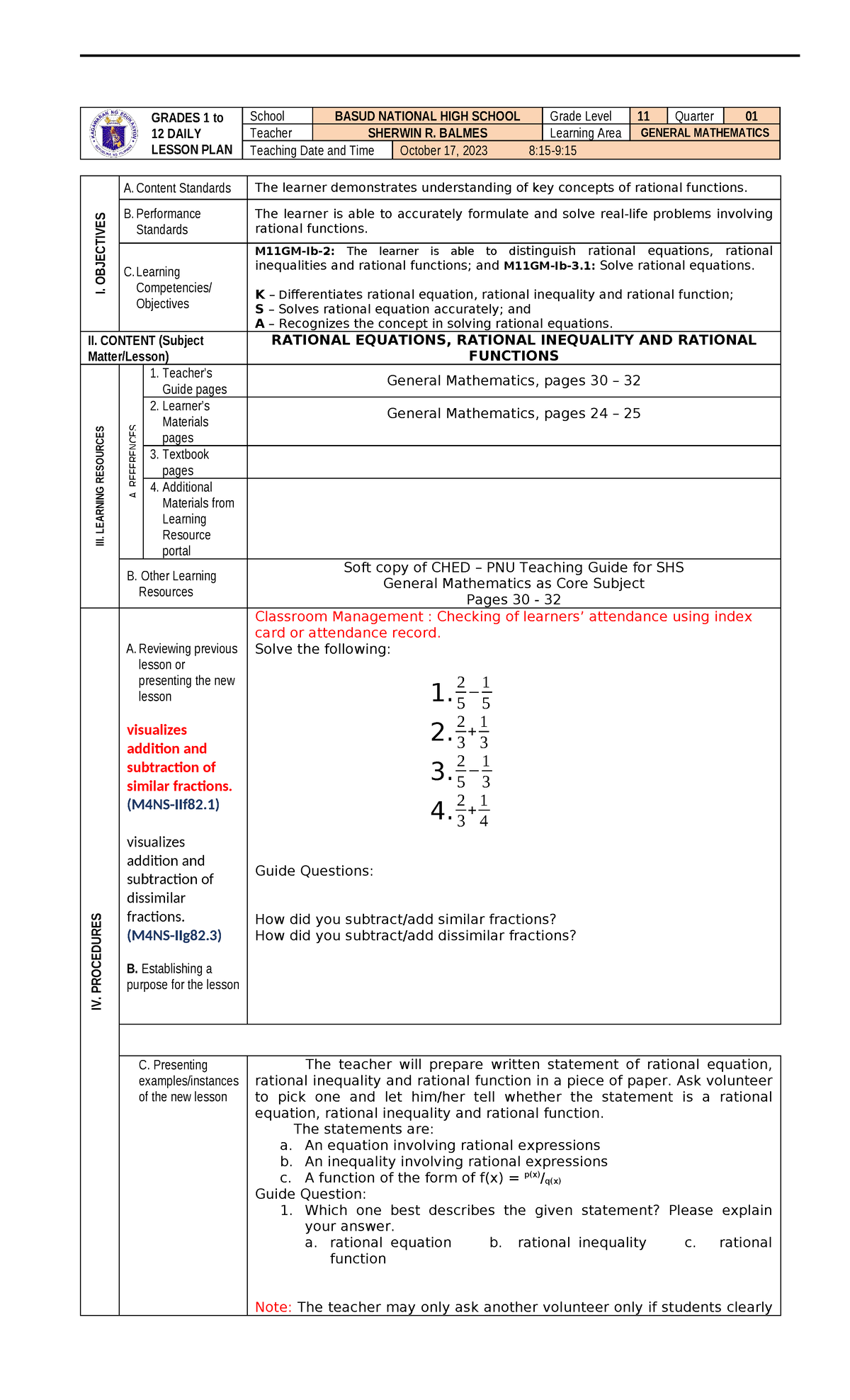First-COT - Lesson Plan General Mathematics - GRADES 1 to 12 DAILY ...