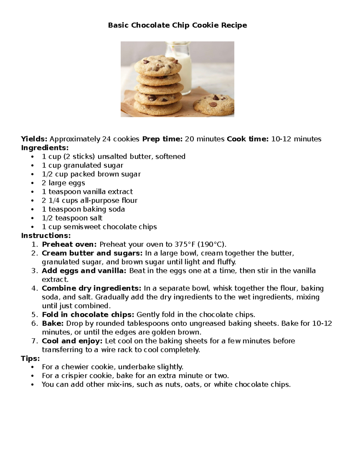 cooking Recipes - Basic Chocolate Chip Cookie Recipe Yields ...