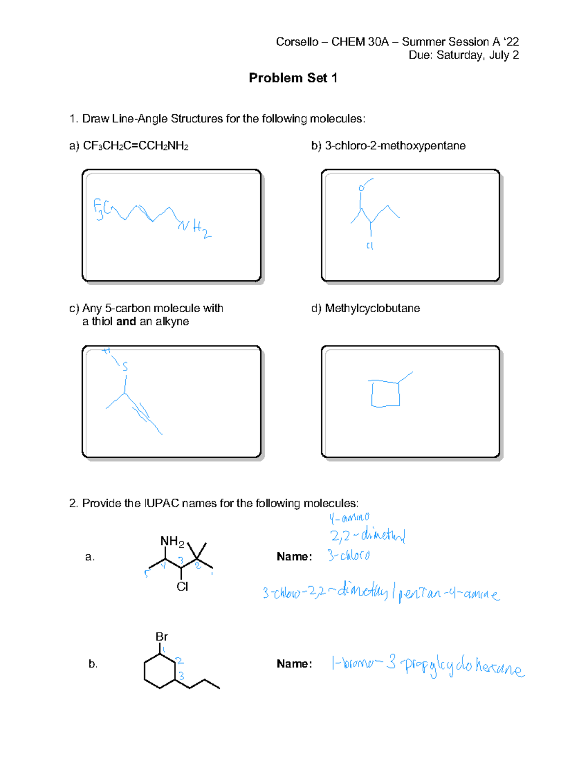Problem-Set-1-CHEM-30A - Due: Saturday, July 2 Problem Set 1 Draw Line-Angle Structures for the ...