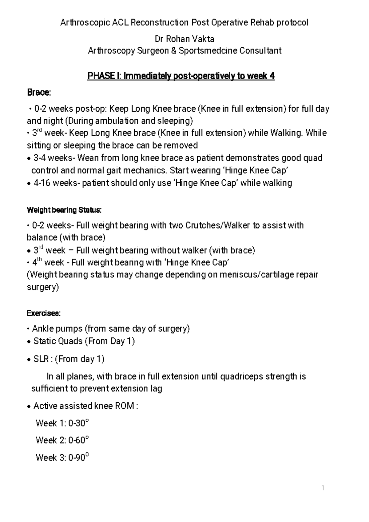 Arthroscopic ACL Reconstruction Post Operative Rehab protocol - - Studocu
