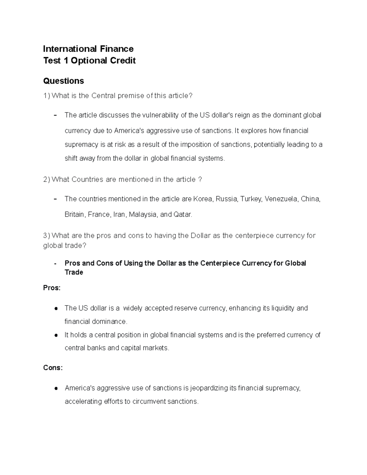 Test 1 Optional Credit - International Finance Test 1 Optional Credit ...