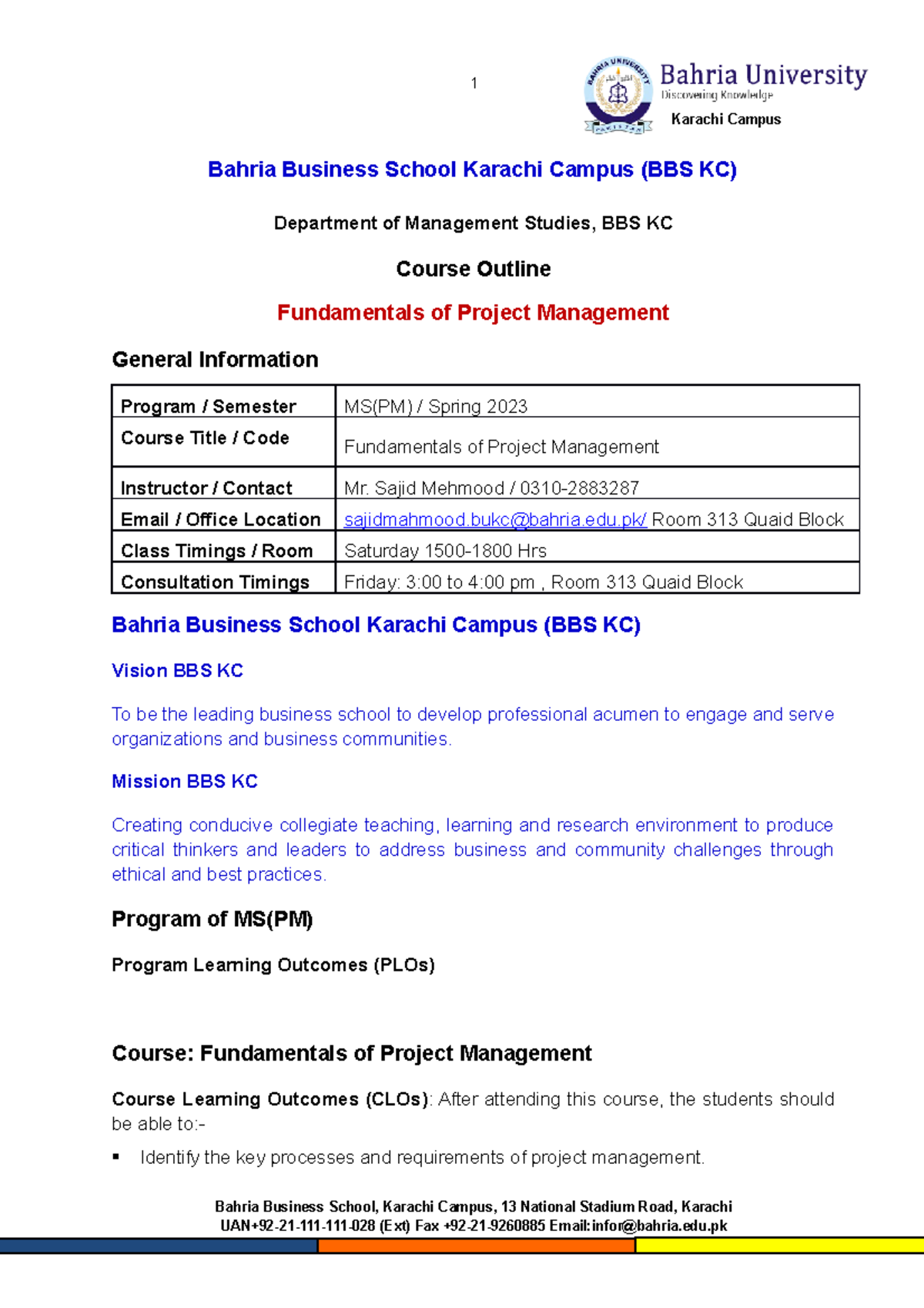 Course Outline MS PM subject - Karachi Campus Bahria Business School ...