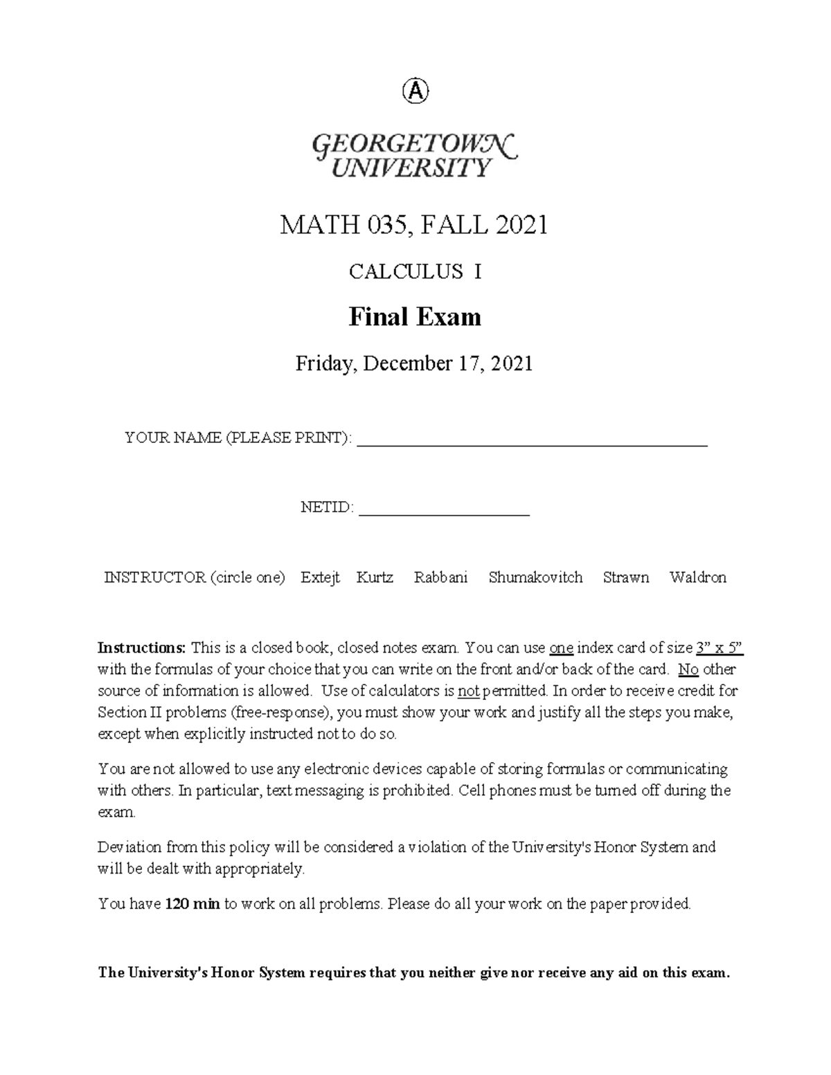 Fall 2021 Final Exam Section I Form A - Ⓐ MATH 035, FALL 2021 CALCULUS ...
