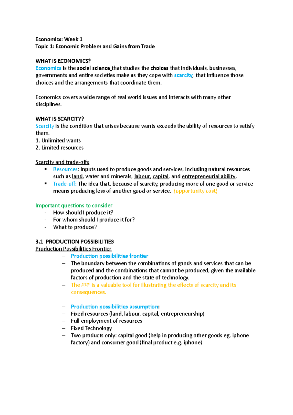Economics Week 1 - lecture notes - Economics: Week 1 Topic 1: Economic ...