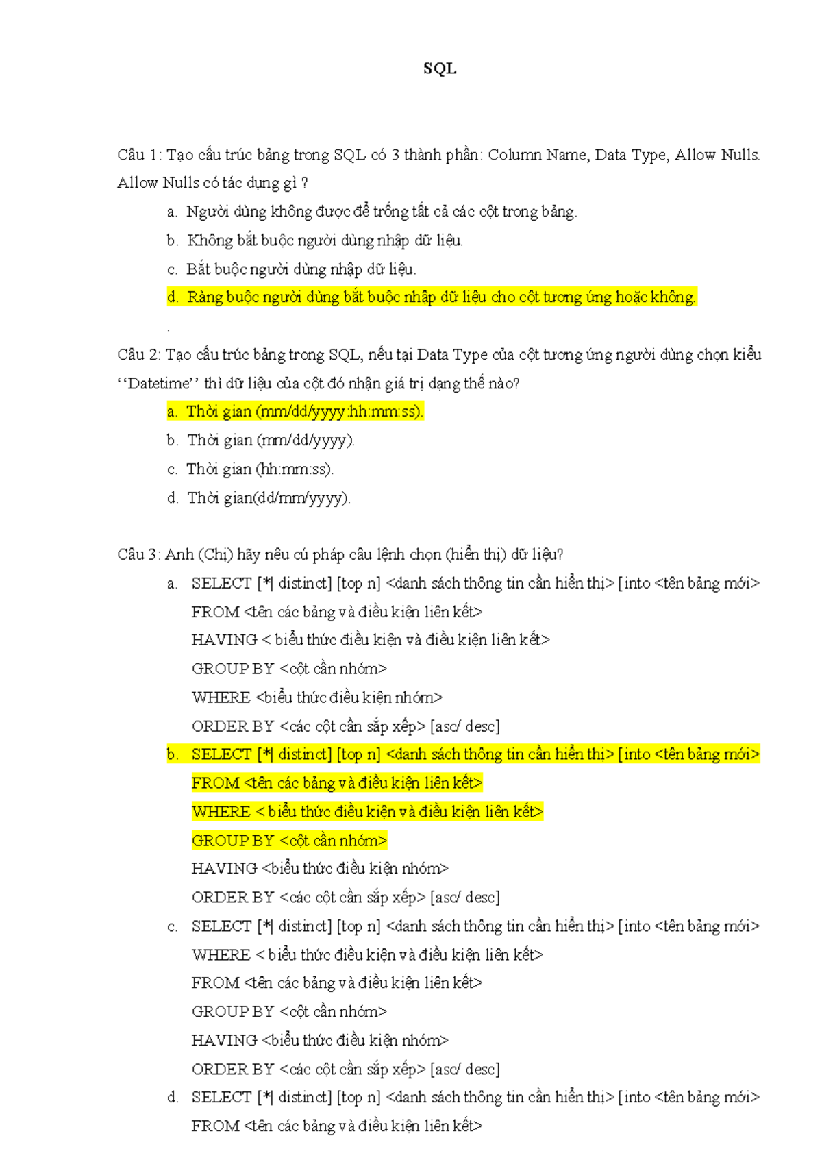 Decuong SQL2024 - Summary Trường Đại học Kinh Doanh và Công Nghệ - SQL Câu 1: Tạo cấu trúc bảng ...