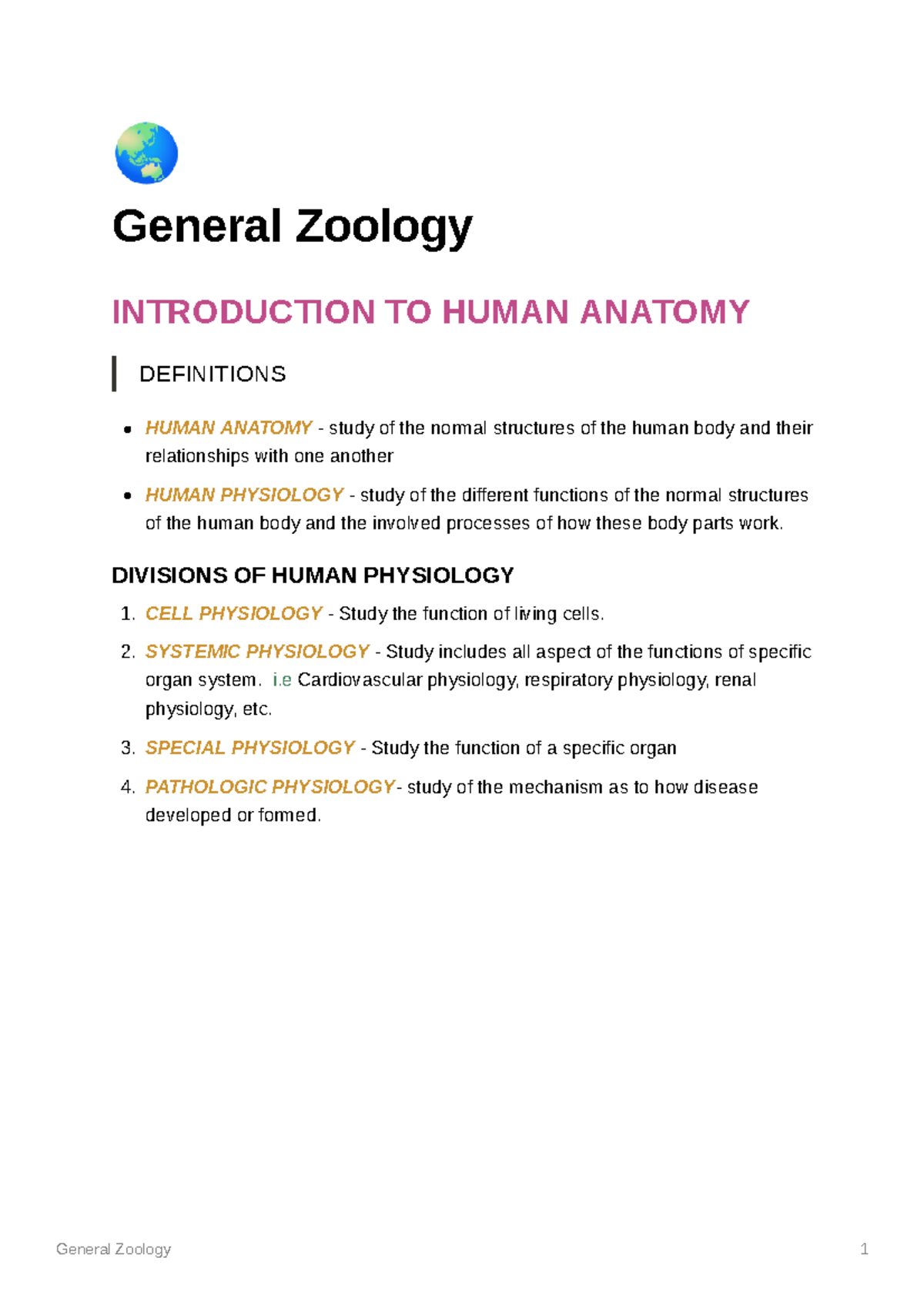 GZOO111 PRELIMS - 🌏 General Zoology INTRODUCTION TO HUMAN ANATOMY ...