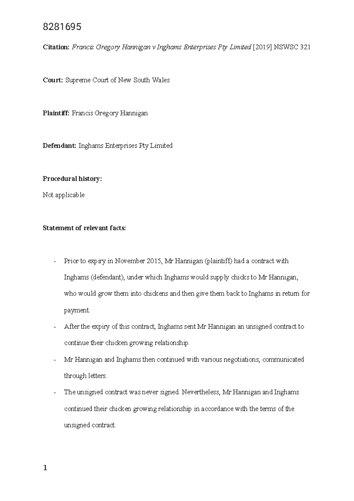 COntract assginment - Citation: Francis Gregory Hannigan v Inghams ...