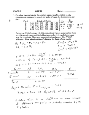Quiz 12 Answers-5 - HW answer - STAT 313 QUIZ 12 Name:_____________ Below is data on a random ...