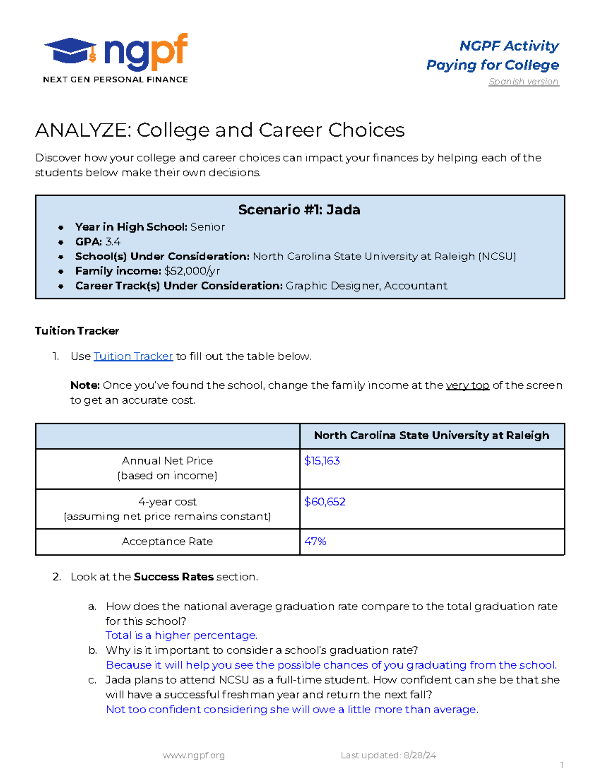 Copy of College and Career Choices - NGPF Activity Paying for College ...