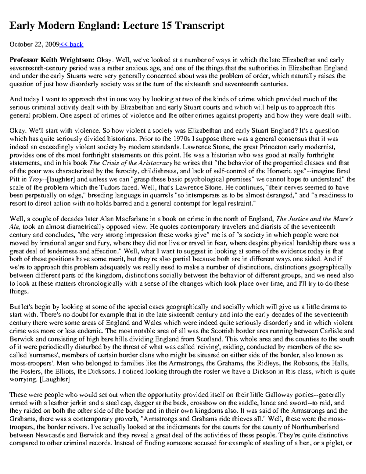 Early modern england lecture 15 - lecture 25 transcript - Early Modern ...
