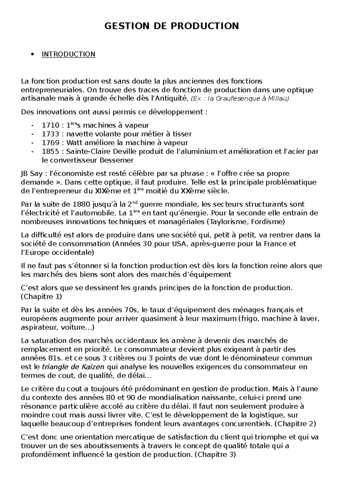Gestion DE Production - cours - GESTION DE PRODUCTION INTRODUCTION La fonction production est ...