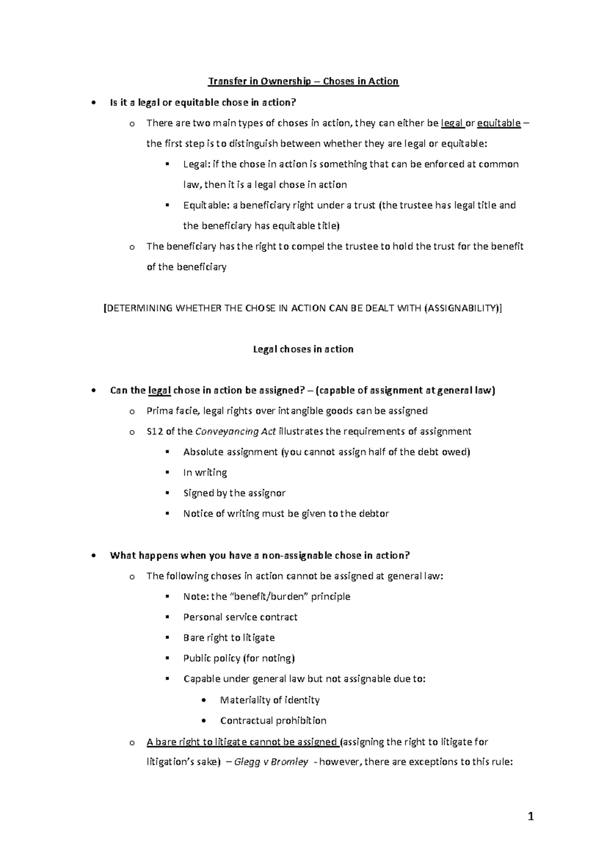 Prop - Property Lecture notes - Transfer in Ownership – Choses in ...