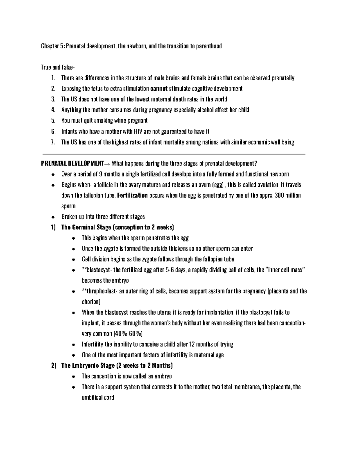 PSYC test 2 review - Chapter 5: Prenatal development, the newborn, and ...