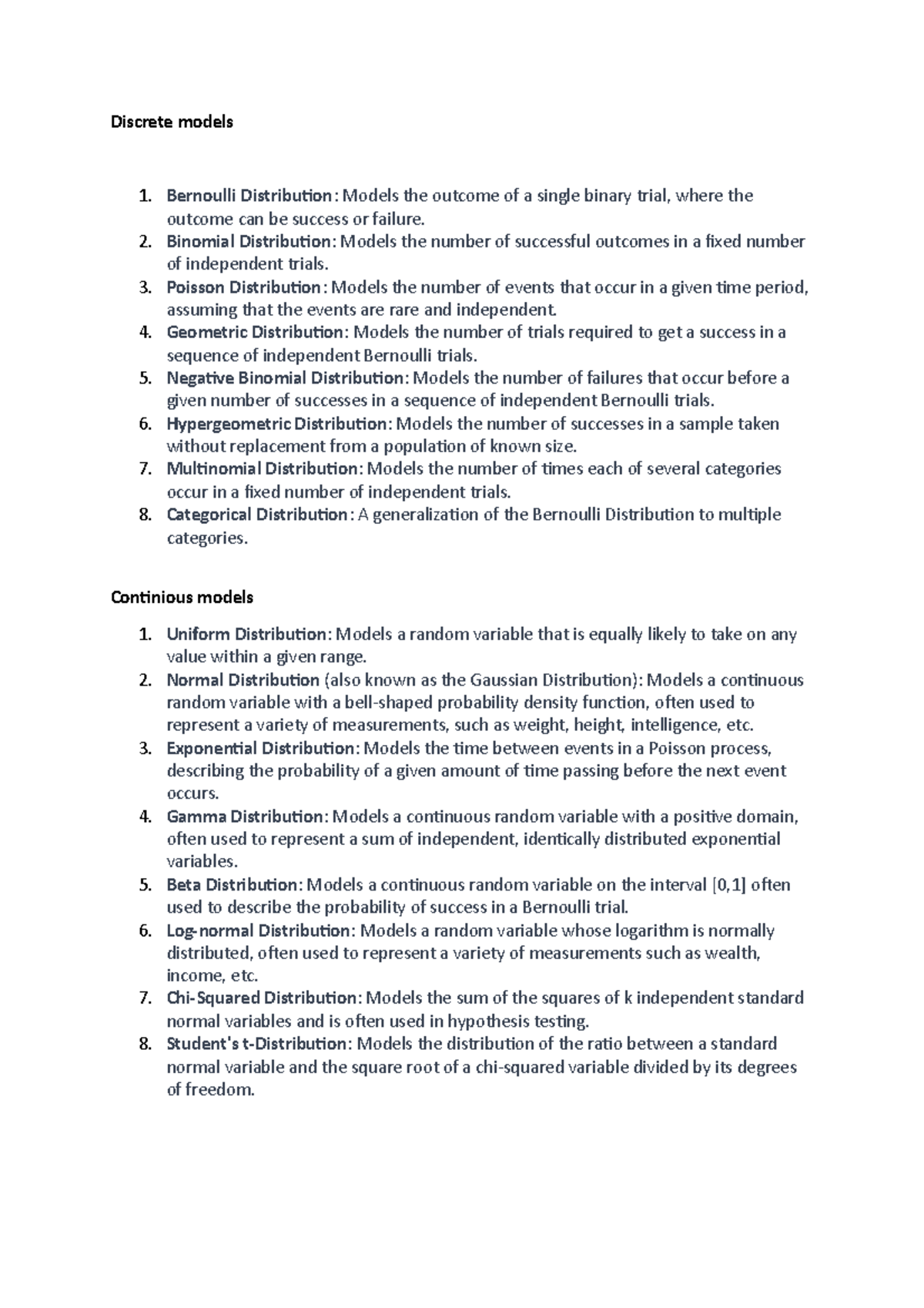 Summary chance models - Discrete models Bernoulli Distribution: Models ...