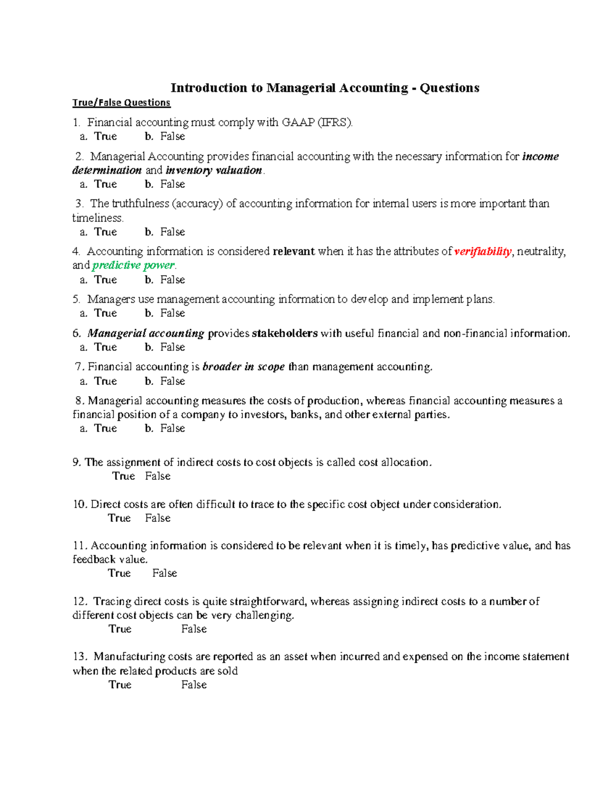 Chapter 1 Introduction to Managerial Accounting Questions ...