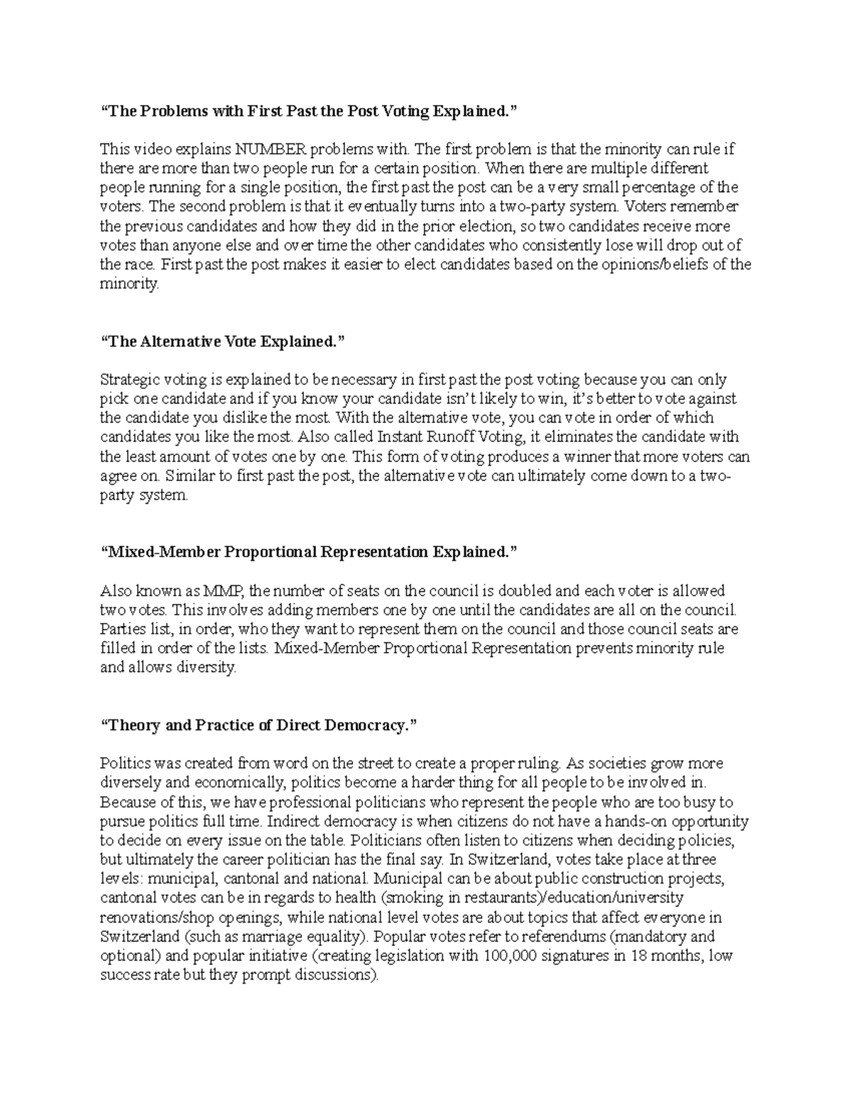 Global Politics Summary - Problems with First Past the Post Voting This ...