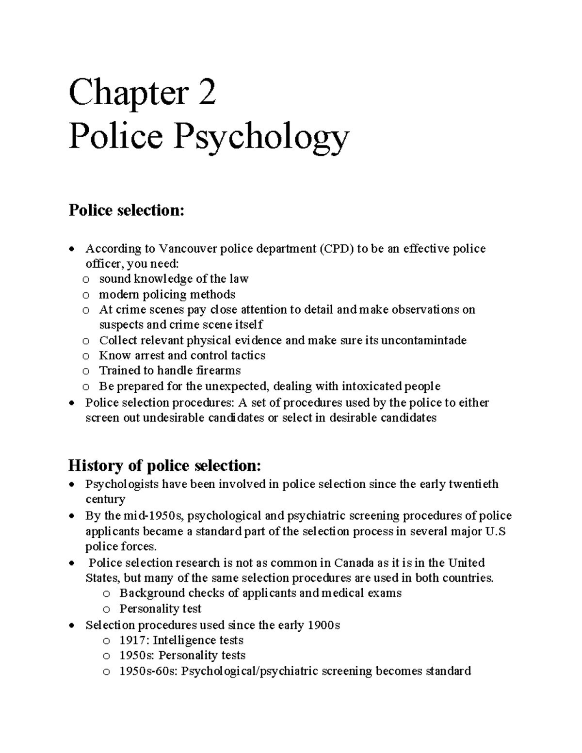 Psychol chapter 2,3 - Lecture notes 5-6 - Chapter 2 Police Psychology ...