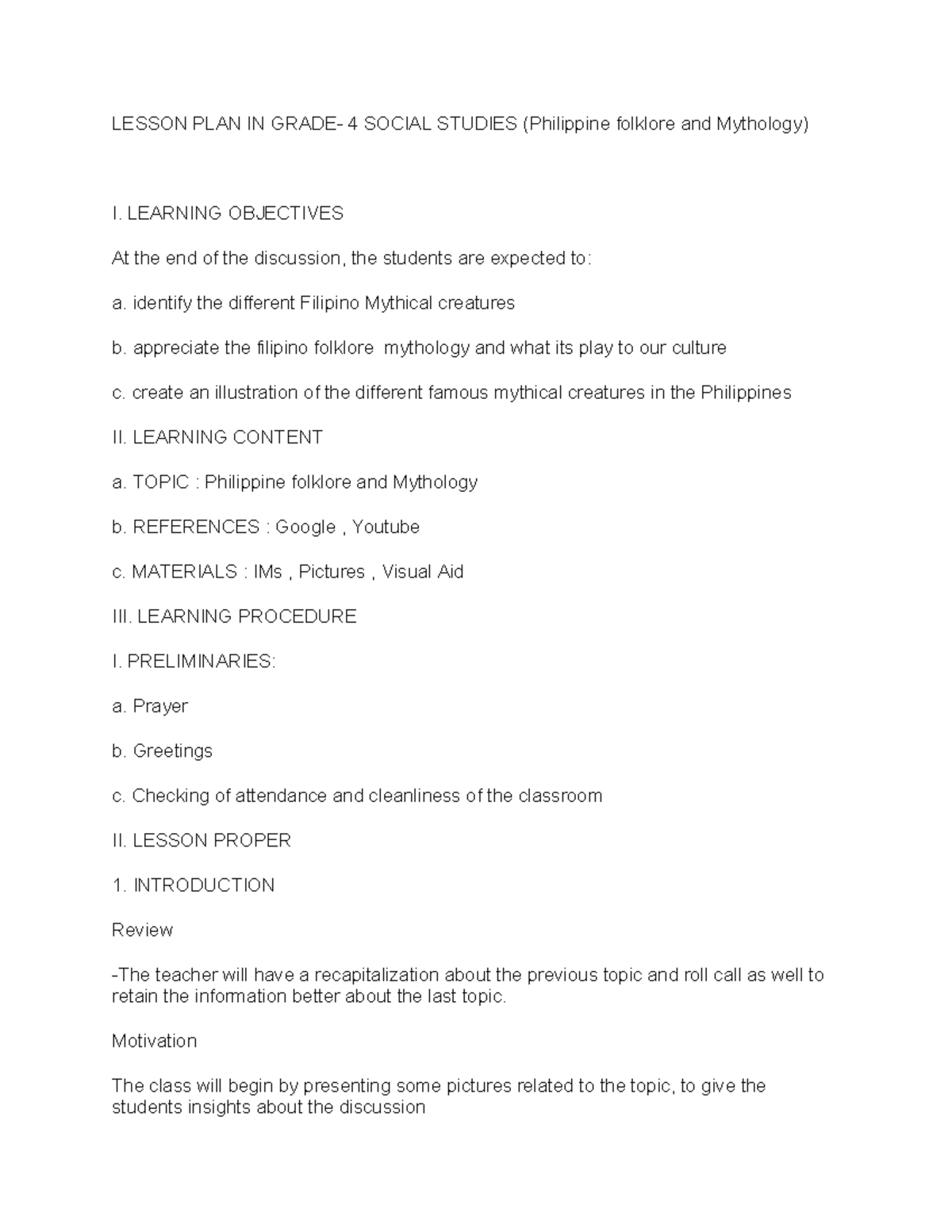 Lesson PLAN IN Grade- 4 Social Studies (Philippine folklore and ...