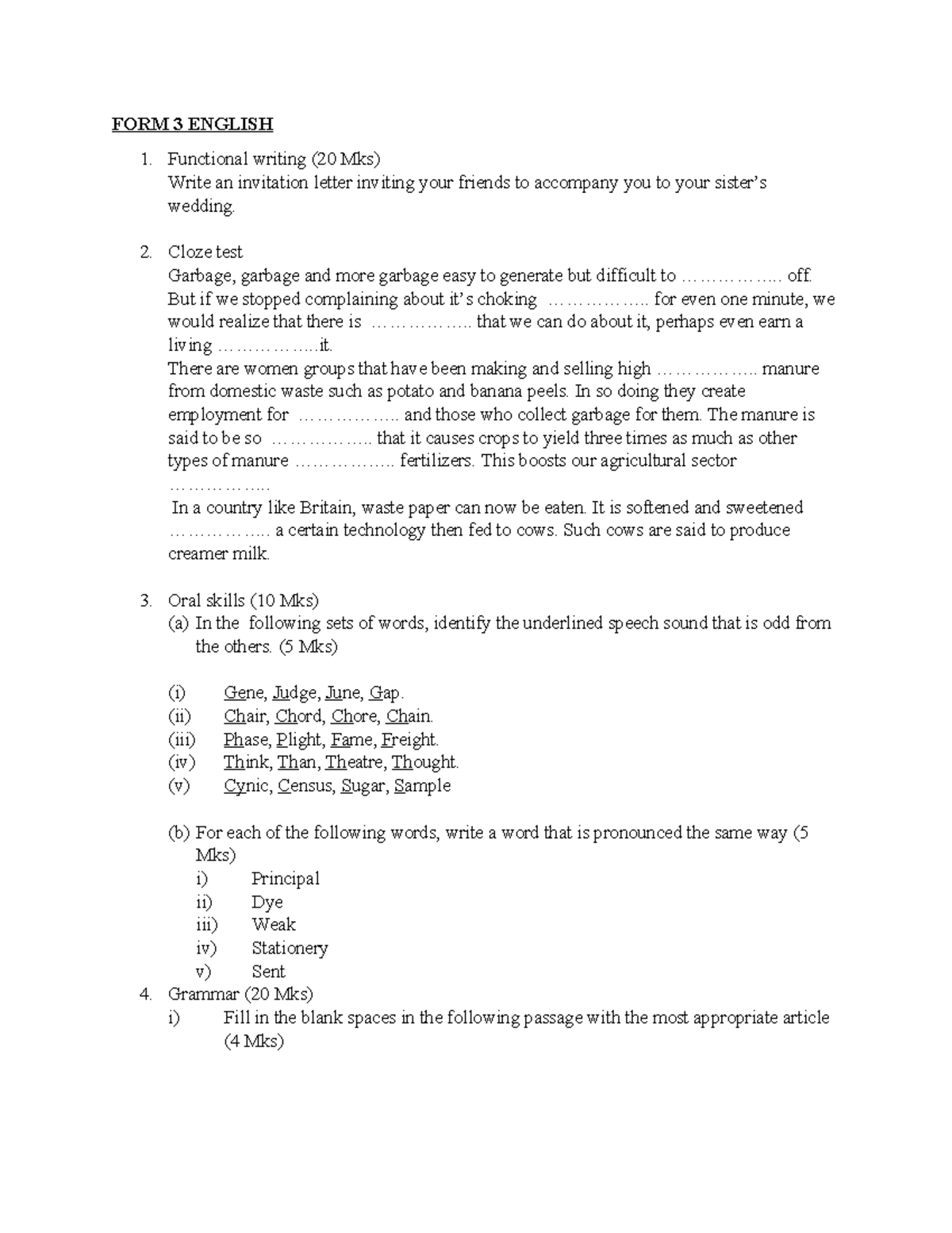 Form 3 english (Auto Recovered) - FORM 3 ENGLISH Functional writing (20 ...
