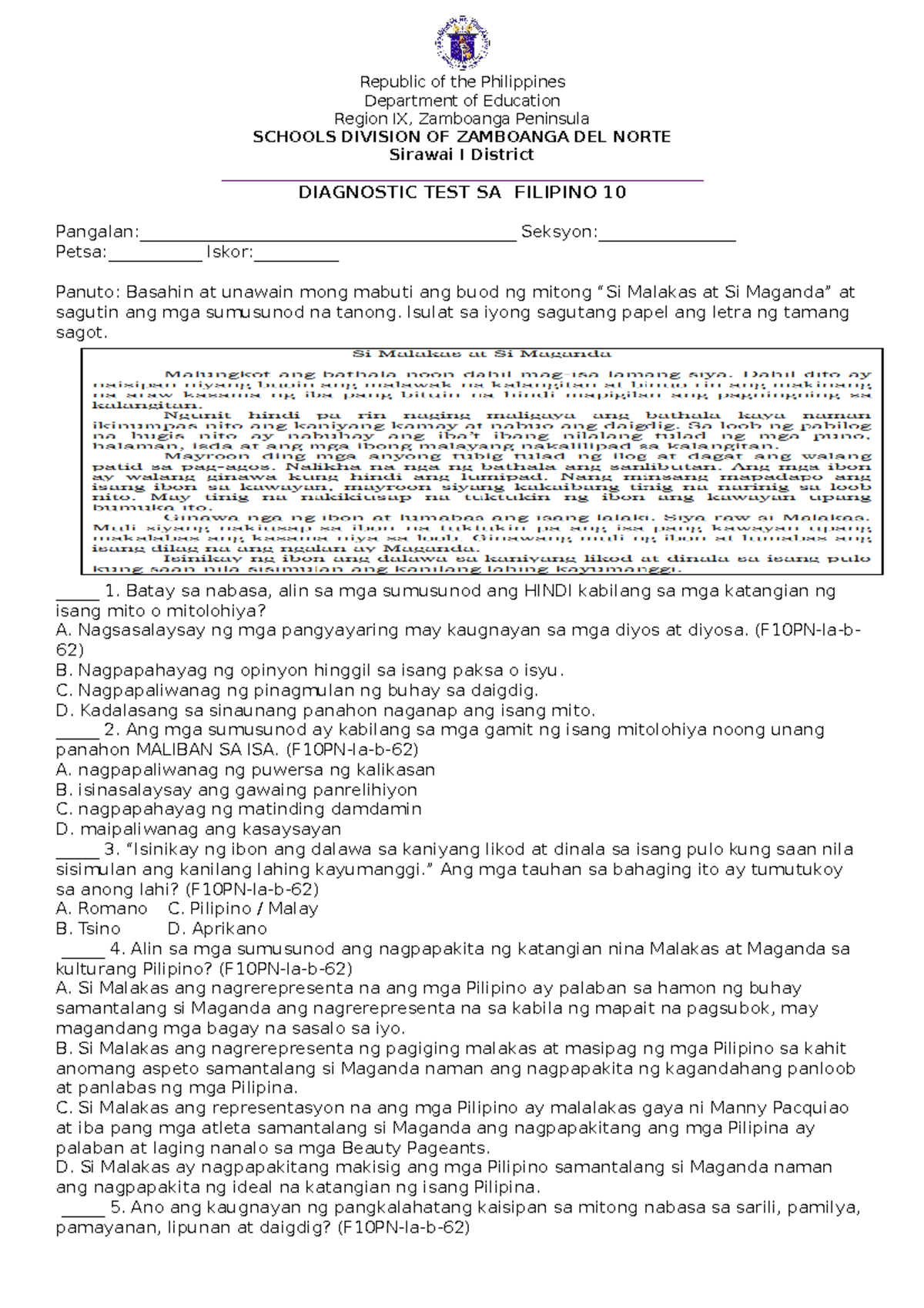 Diagnostic TEST 10 FIL Ipino Final - Republic of the Philippines ...