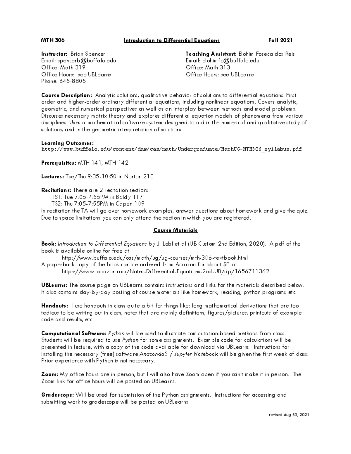 MTH306-Syllabus - Prof: Brian Spencer - MTH 306 Introduction to Differential Equations Fall 2021 ...